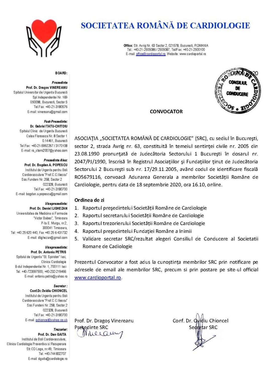 CONVOCATOR ADUNARE GENERALA ONLINE 18 SEPTEMBRIE 2020 | Cardioportal